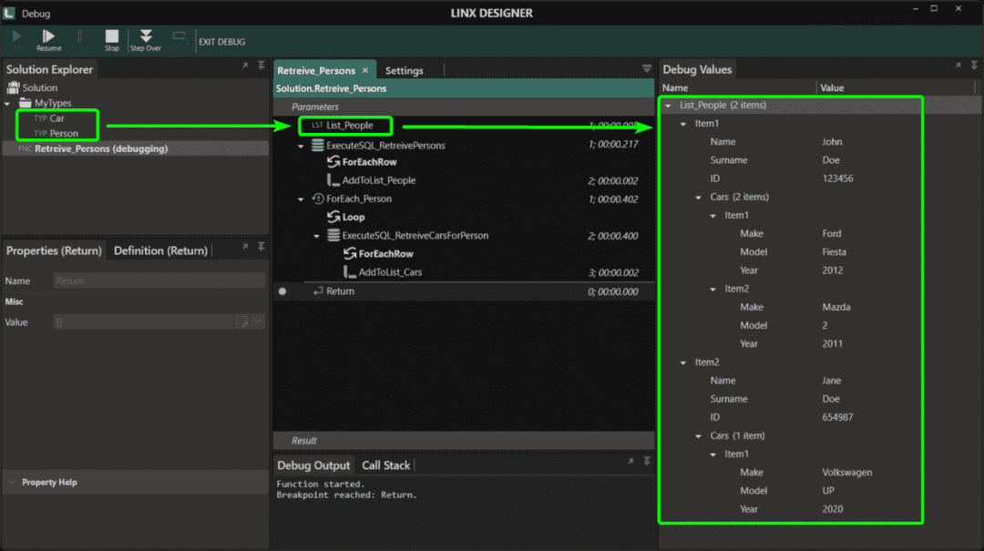 Working with complex data types and data objects - Linx